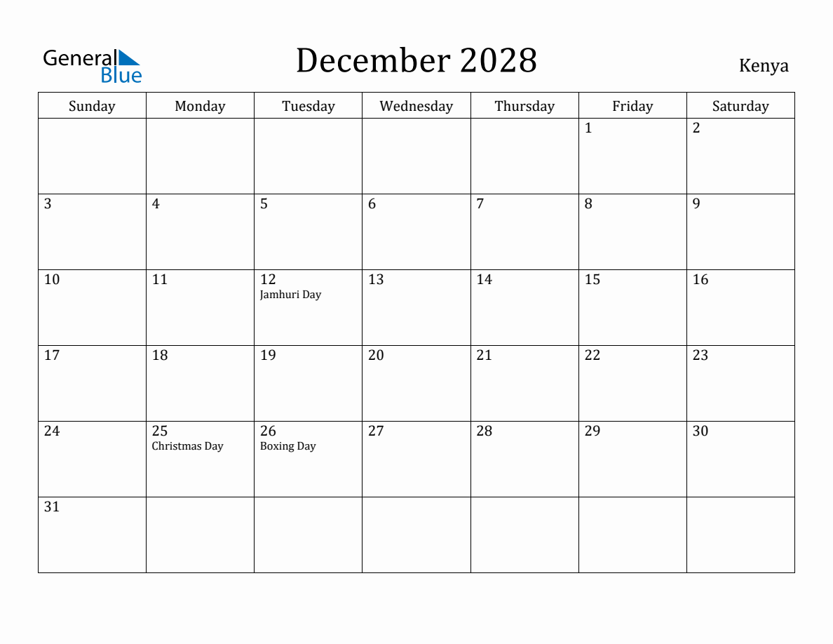 December 2028 Monthly Calendar with Kenya Holidays