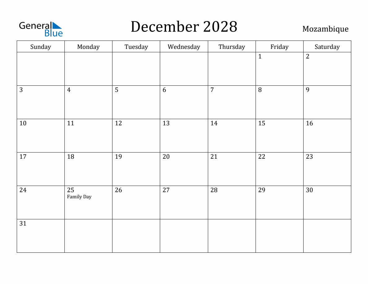 December 2028 Monthly Calendar with Mozambique Holidays