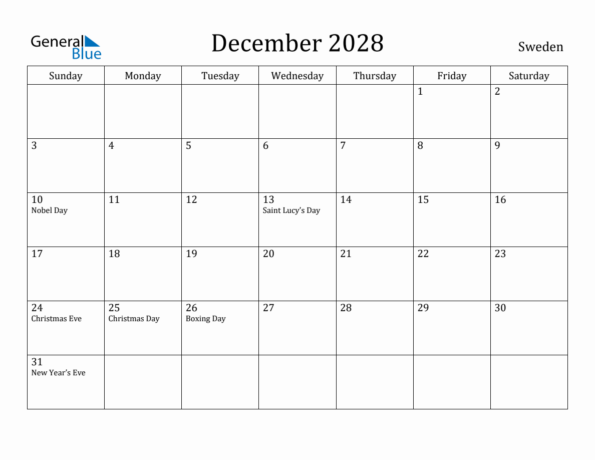 December 2028 Monthly Calendar with Sweden Holidays
