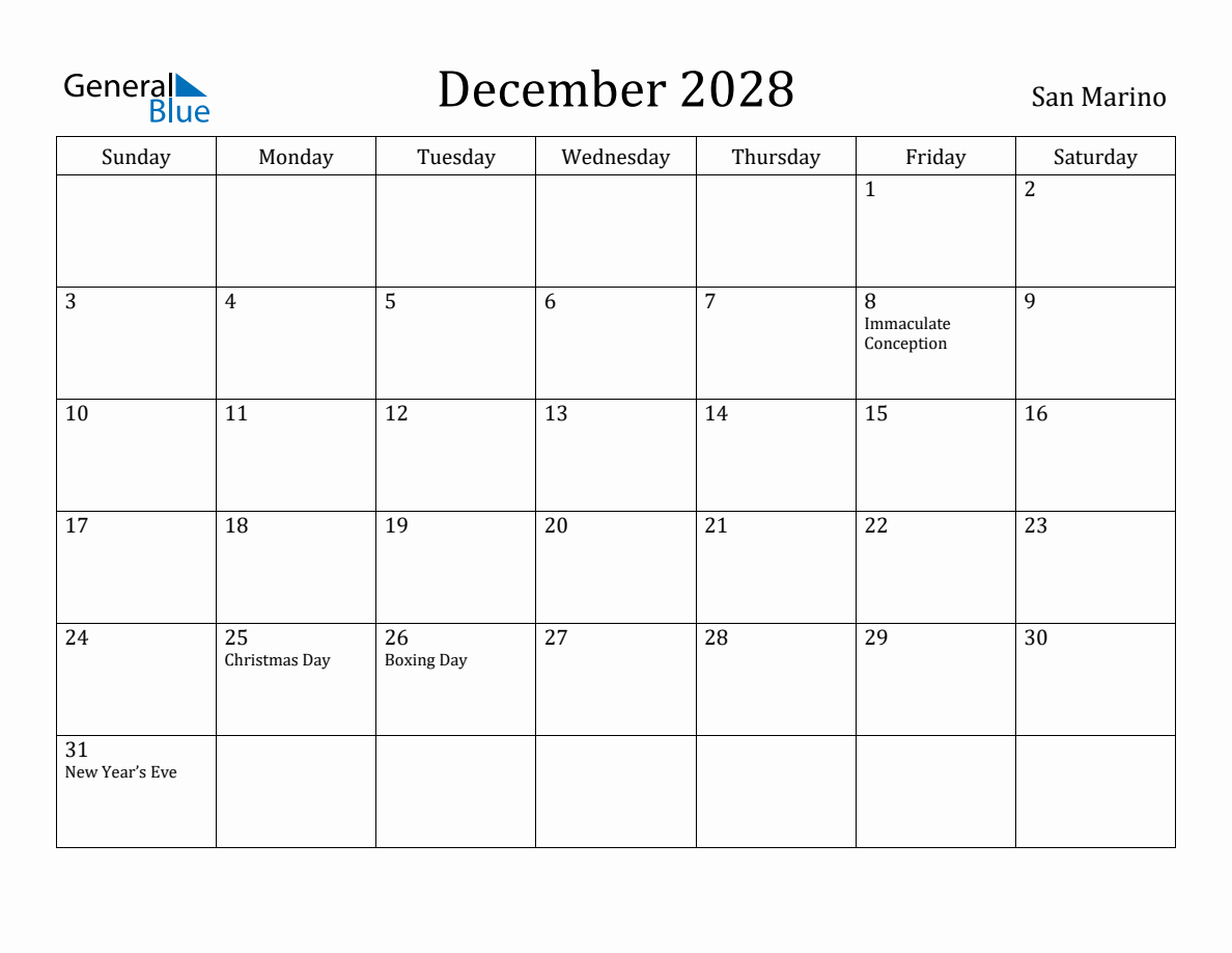 December 2028 Monthly Calendar with San Marino Holidays