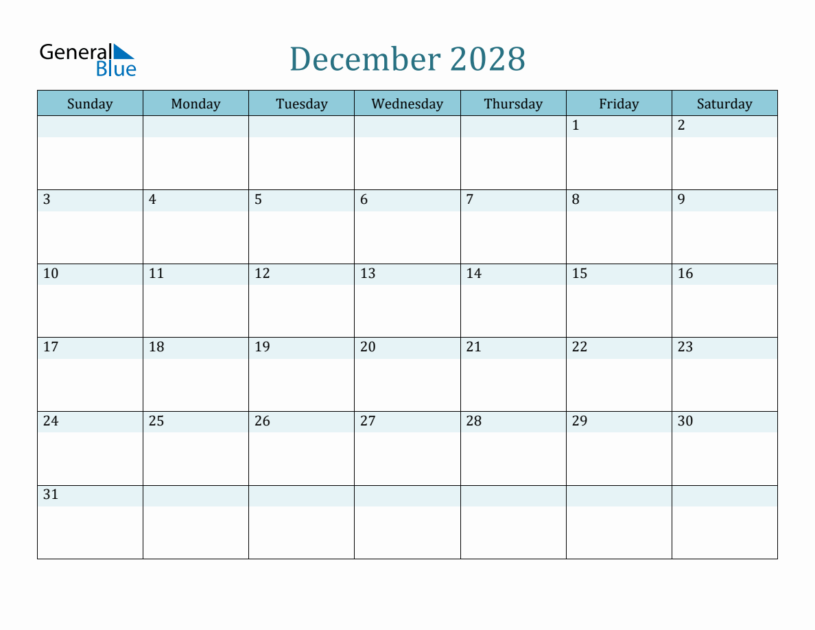 December 2028 Monthly Calendar Template