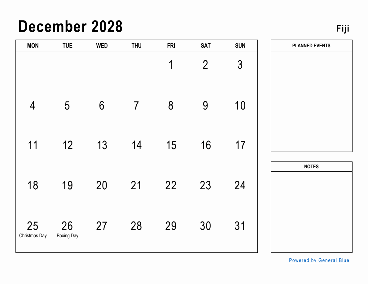 December 2028 Planner with Fiji Holidays (Monday Start)