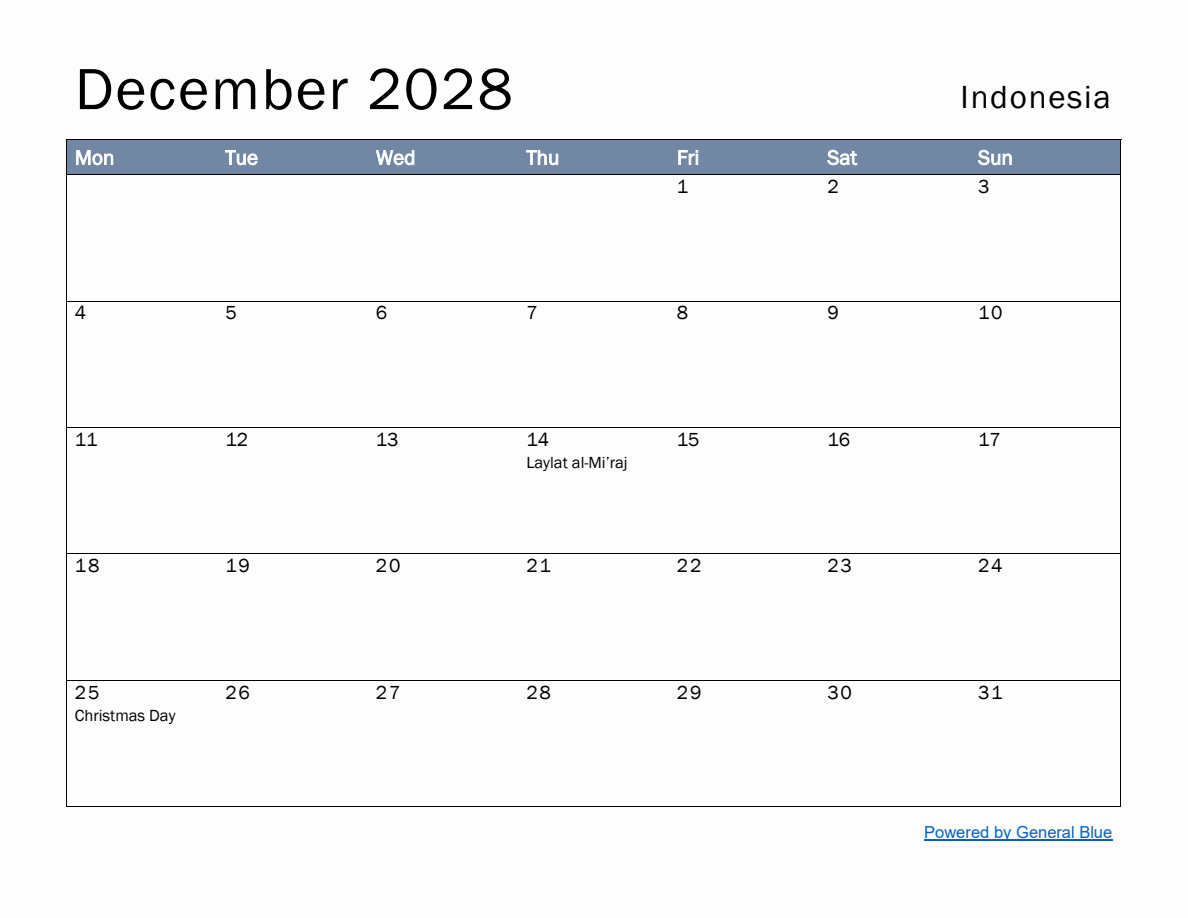 Free Monthly Calendar Template for December 2028 with Indonesia ...