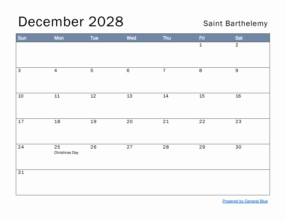 Free Monthly Calendar Template for December 2028 with Saint Barthelemy ...