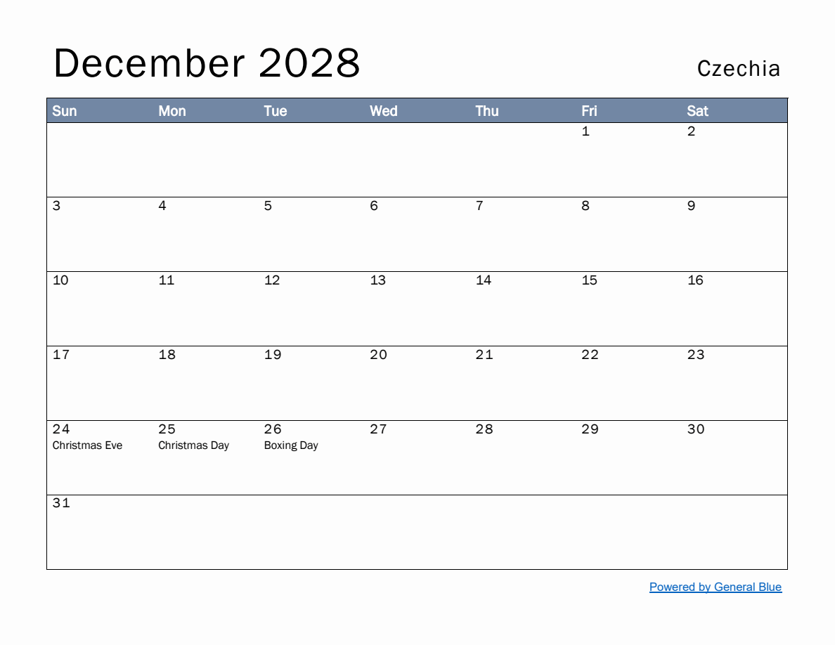 Free Monthly Calendar Template for December 2028 with Czechia Holidays