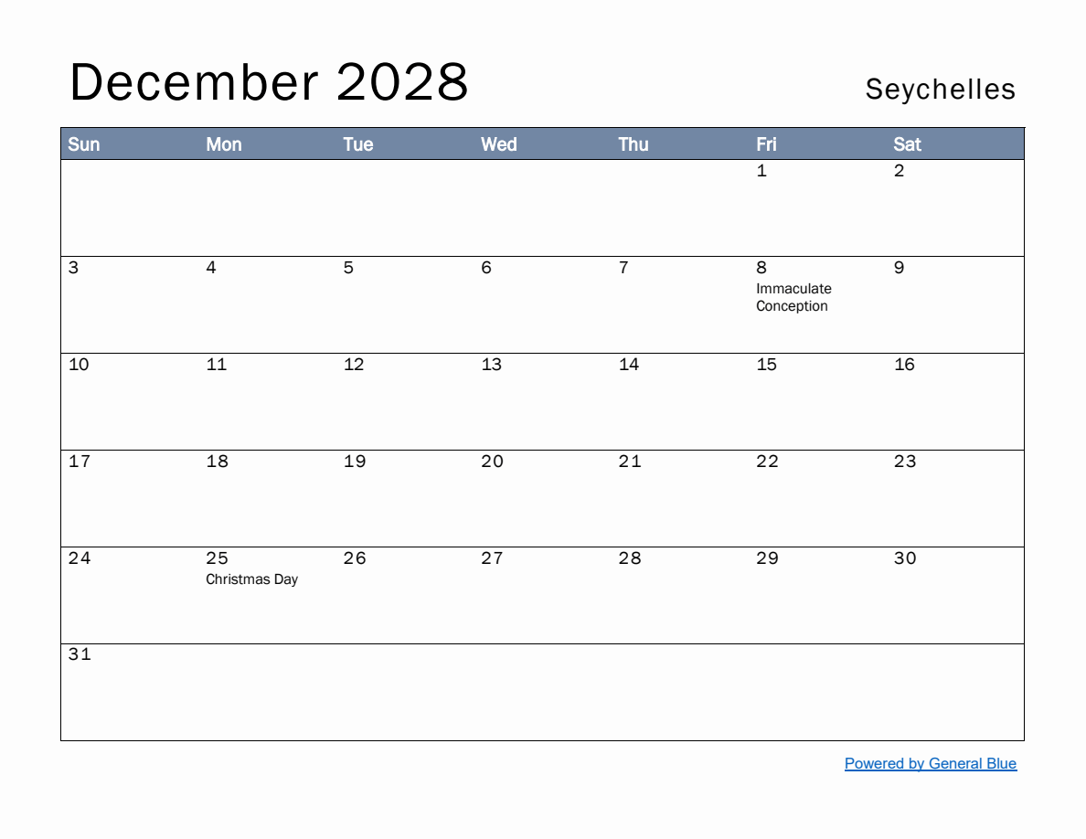 Free Monthly Calendar Template for December 2028 with Seychelles Holidays