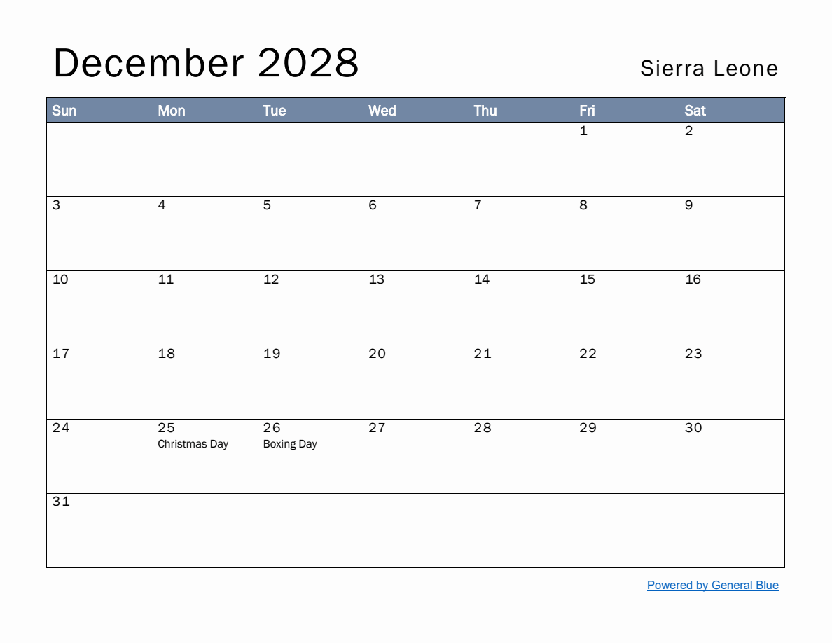 Free Monthly Calendar Template for December 2028 with Sierra Leone Holidays