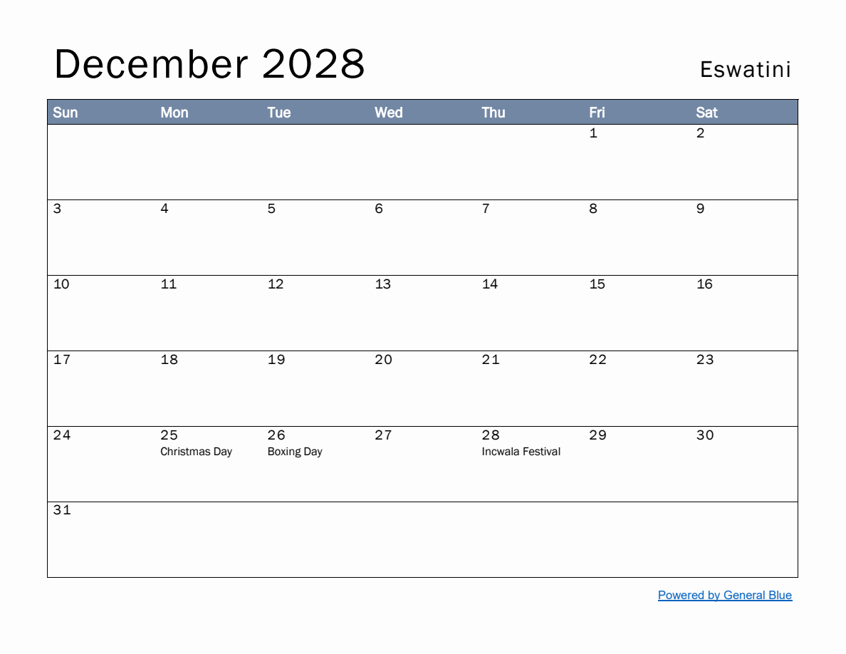 Free Monthly Calendar Template for December 2028 with Eswatini Holidays