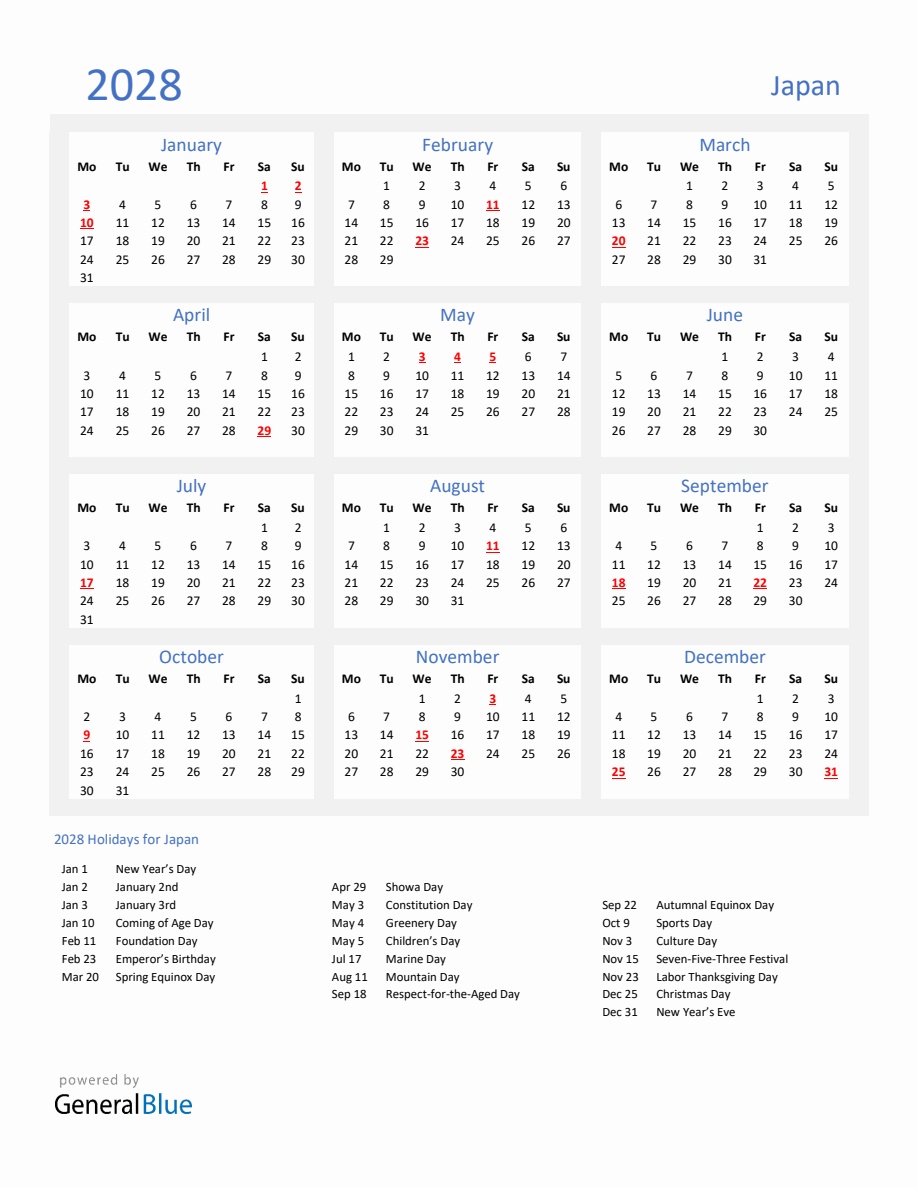 Basic Yearly Calendar with Holidays in Japan for 2028 - Monday Start