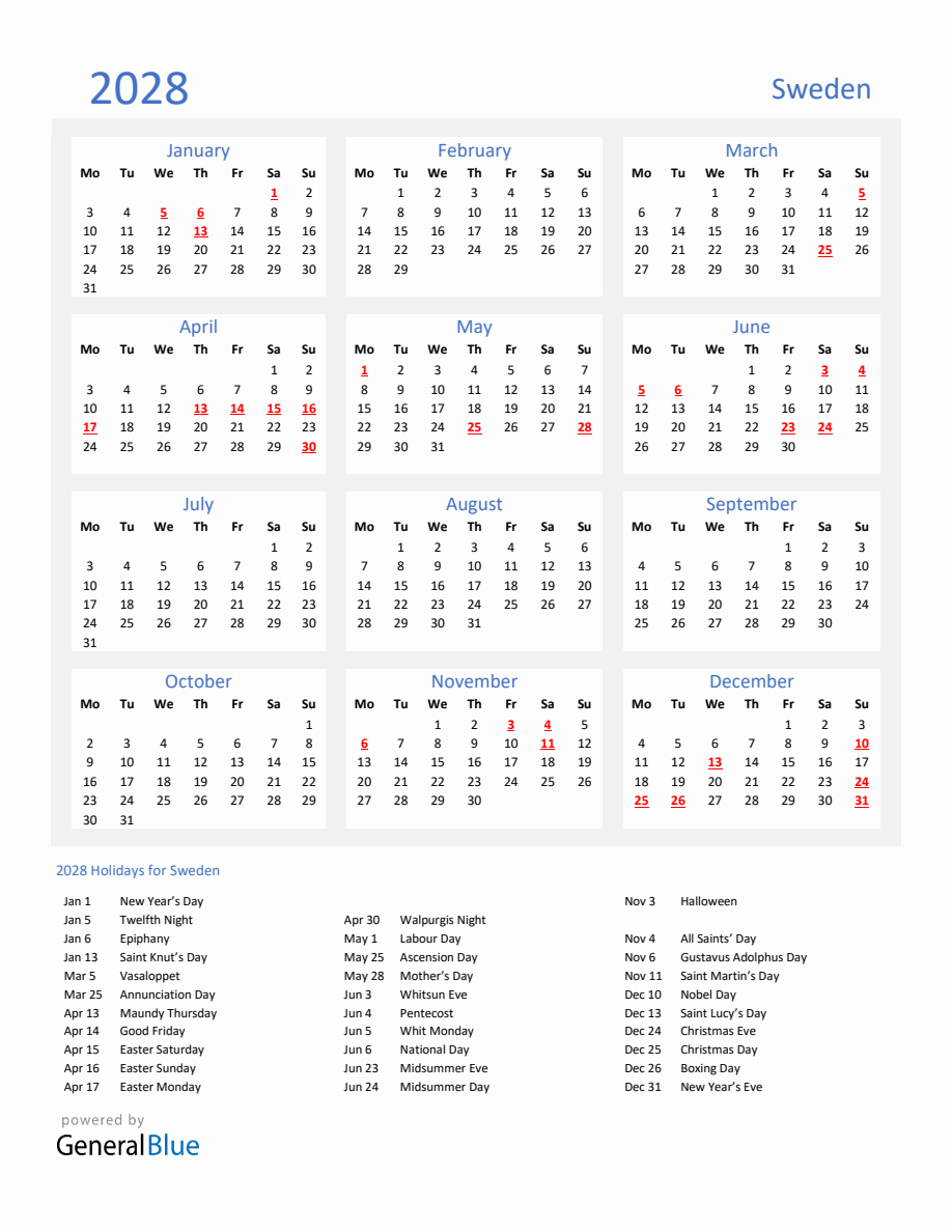 Basic Yearly Calendar with Holidays in Sweden for 2028 - Monday Start