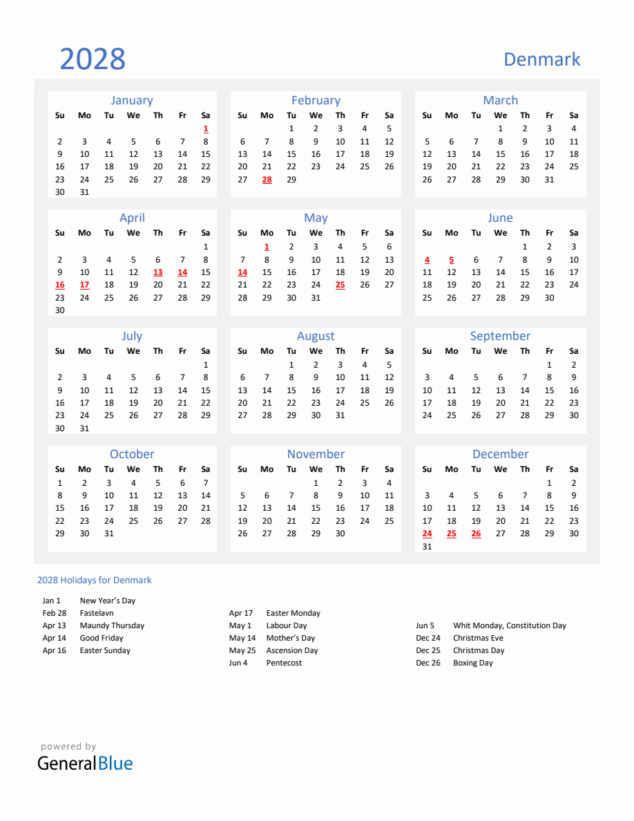 Basic Yearly Calendar with Holidays in Denmark for 2028
