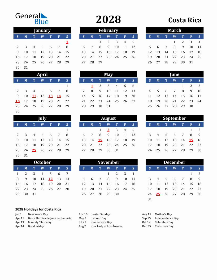 2028 Costa Rica Holiday Calendar
