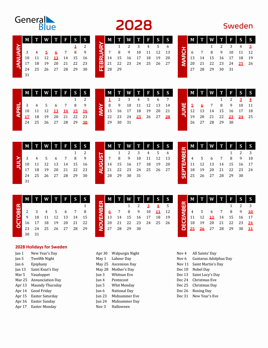 Sweden 2028 Yearly Calendar Downloadable