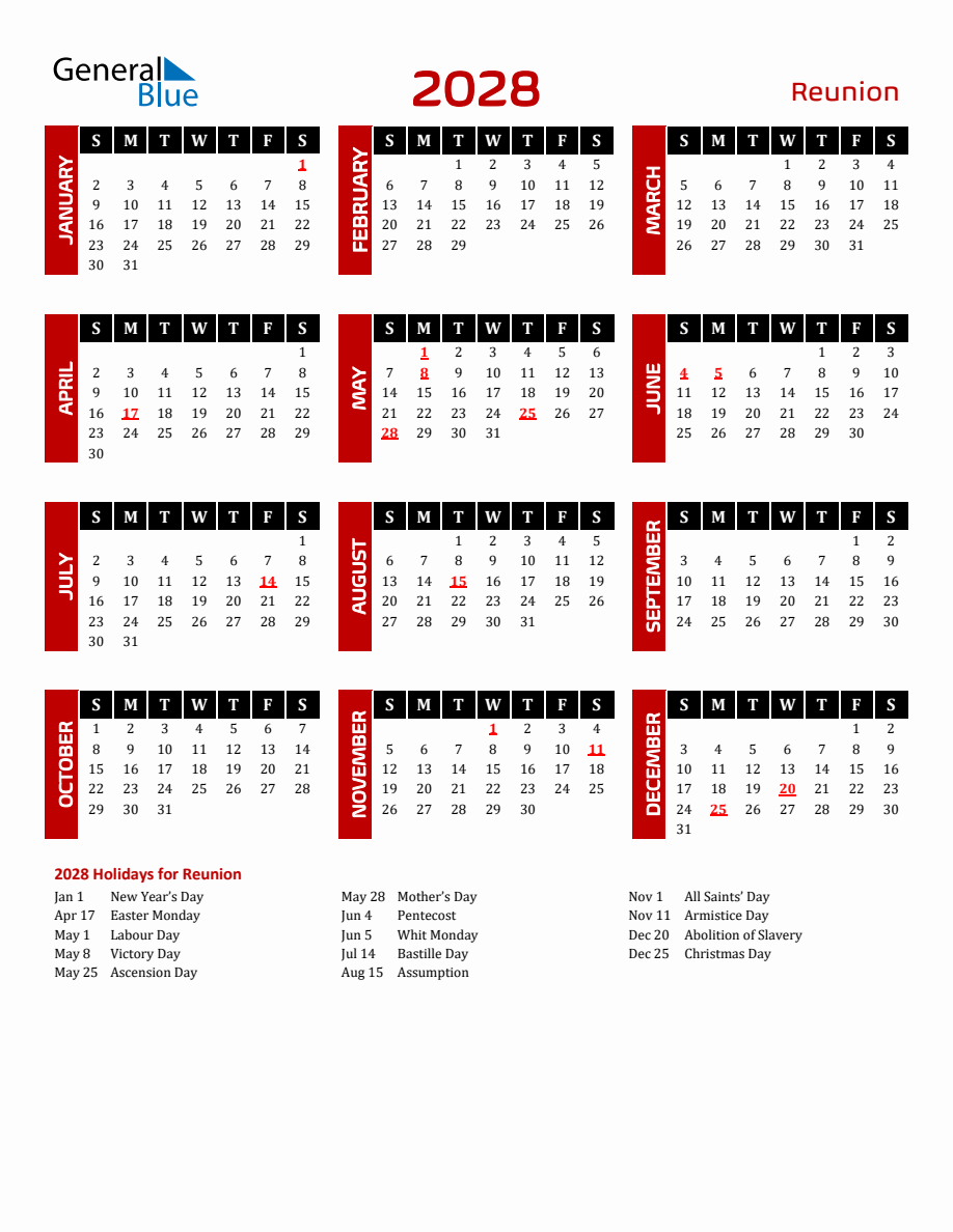 Reunion 2028 Yearly Calendar Downloadable