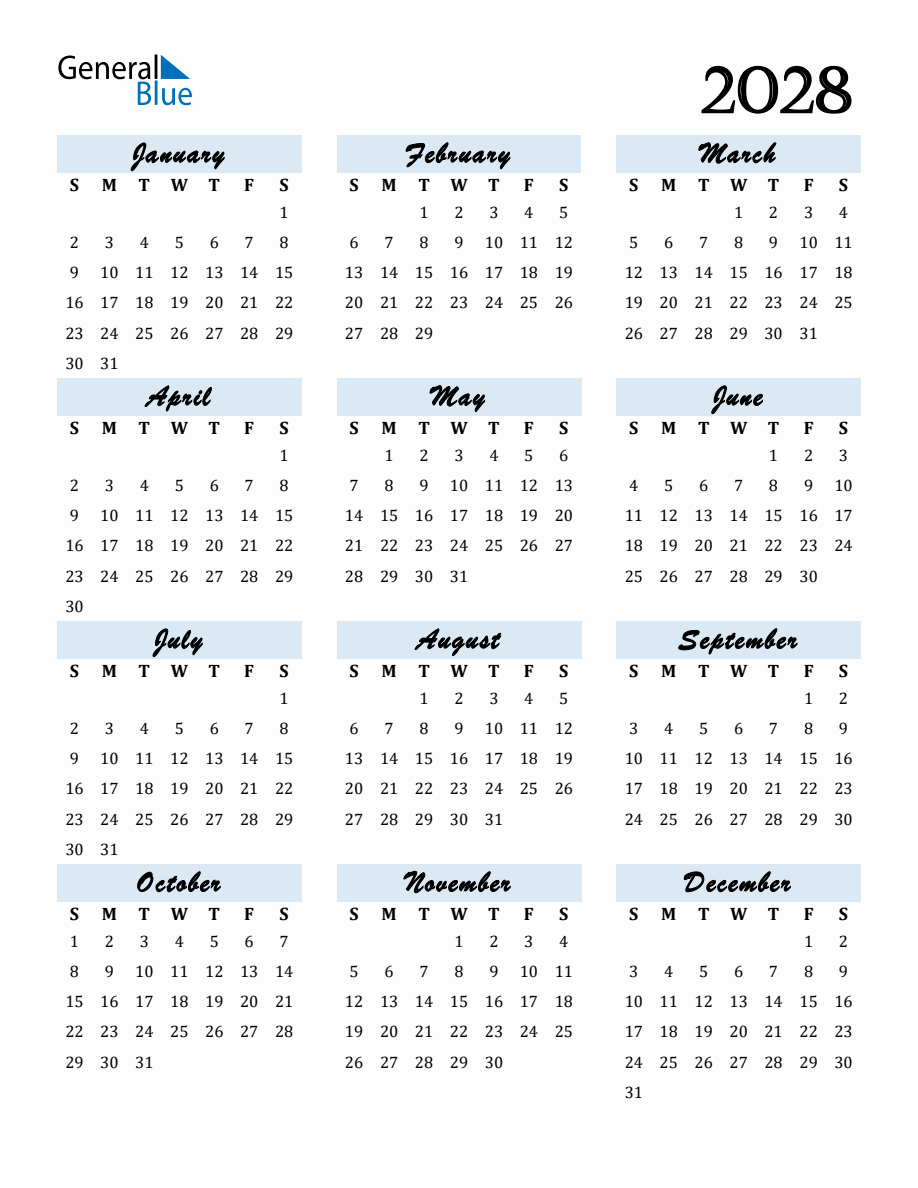 Free Downloadable Calendar for Year 2028