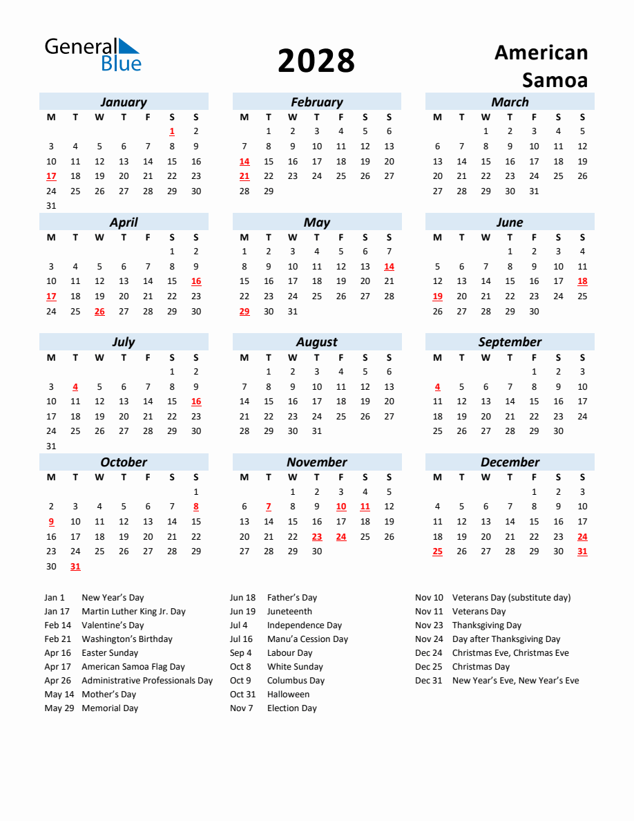 2028 Yearly Calendar for American Samoa with Holidays - Monday Start
