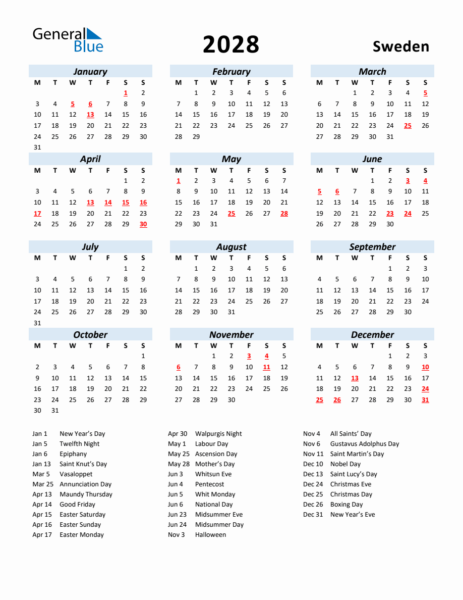 2028 Yearly Calendar for Sweden with Holidays - Monday Start