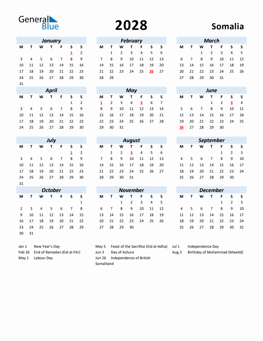 2028 Yearly Calendar for Somalia with Holidays - Monday Start