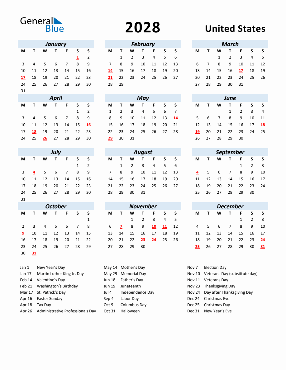 2028 Yearly Calendar for United States with Holidays - Monday Start
