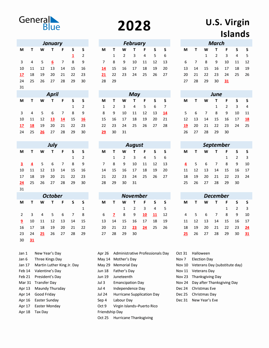 2028 Yearly Calendar for U.S. Virgin Islands with Holidays - Monday Start