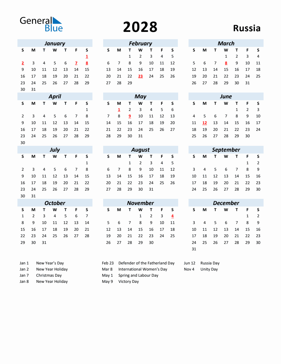 2028 Yearly Calendar for Russia with Holidays