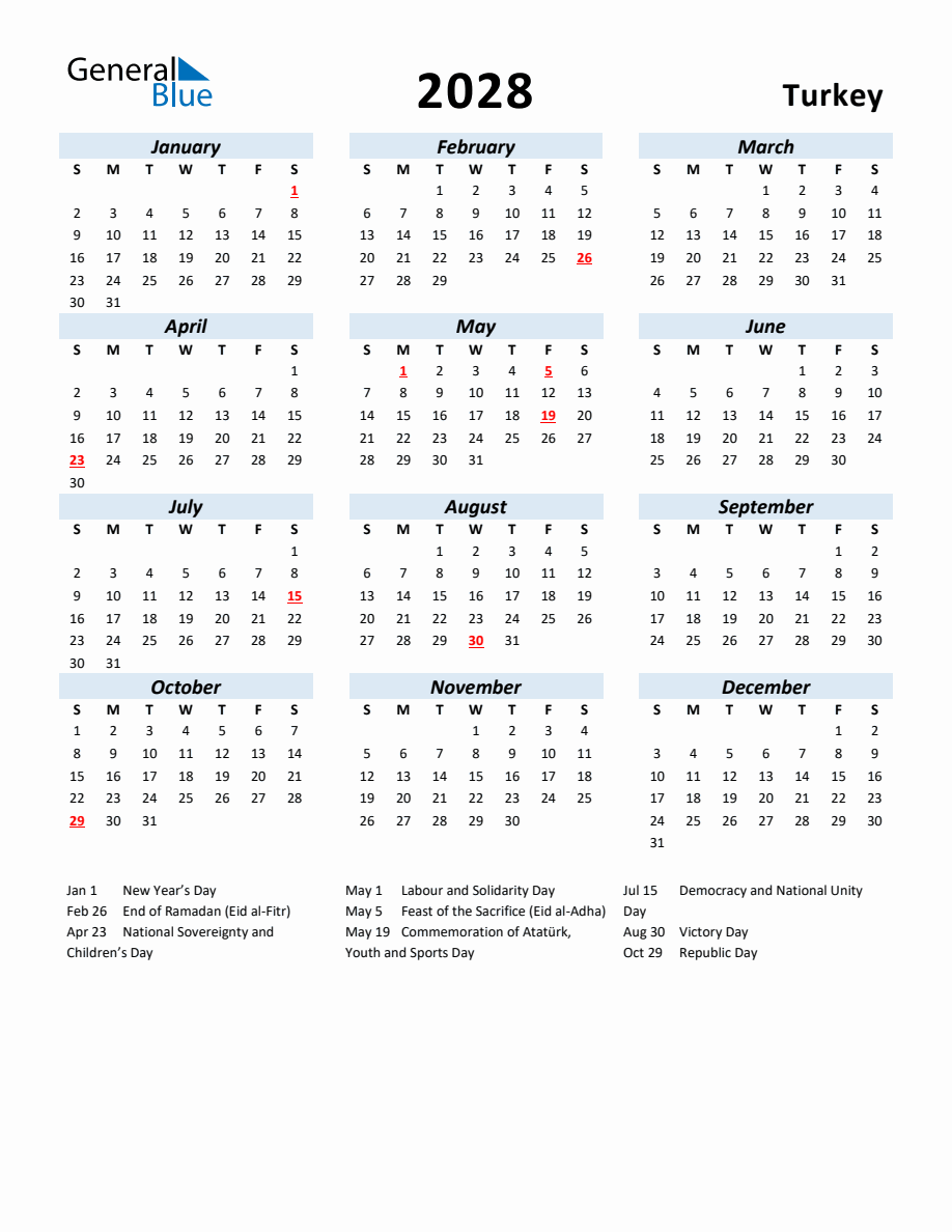 2028 Yearly Calendar for Turkey with Holidays