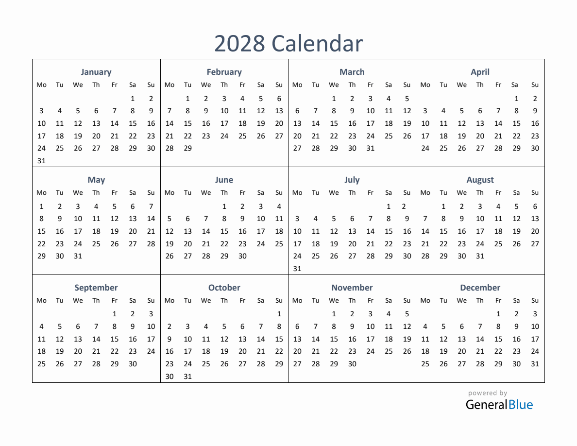 One-Page Yearly Calendar 2028 (PDF, Excel, Word) with Monday Start