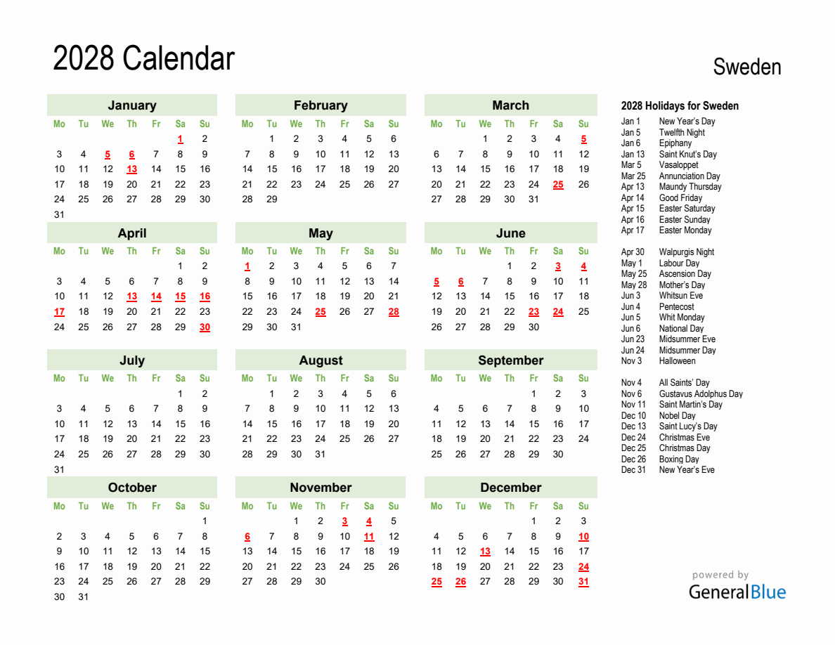 Holiday Calendar 2028 for Sweden - Monday Start