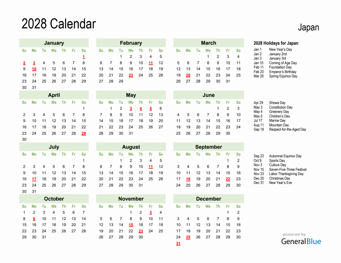 Holiday Calendar 2028 for Japan