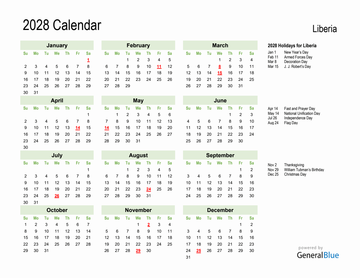Holiday Calendar 2028 for Liberia