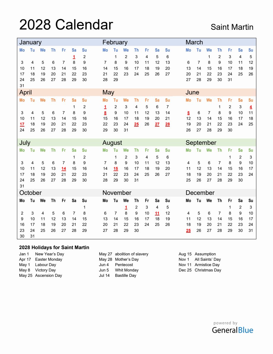 Annual Calendar 2028 with Saint Martin Holidays - Monday Start
