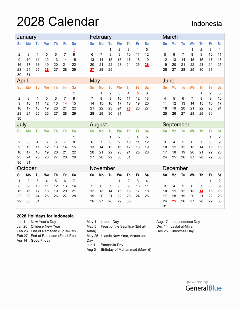 Annual Calendar 2028 with Indonesia Holidays