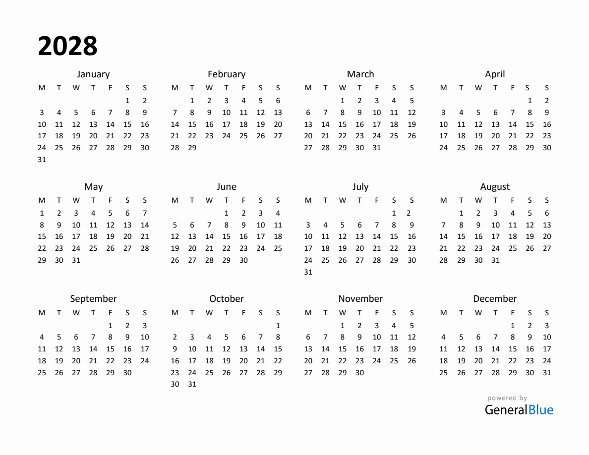 Year Planner 2028 Template with Monday Start