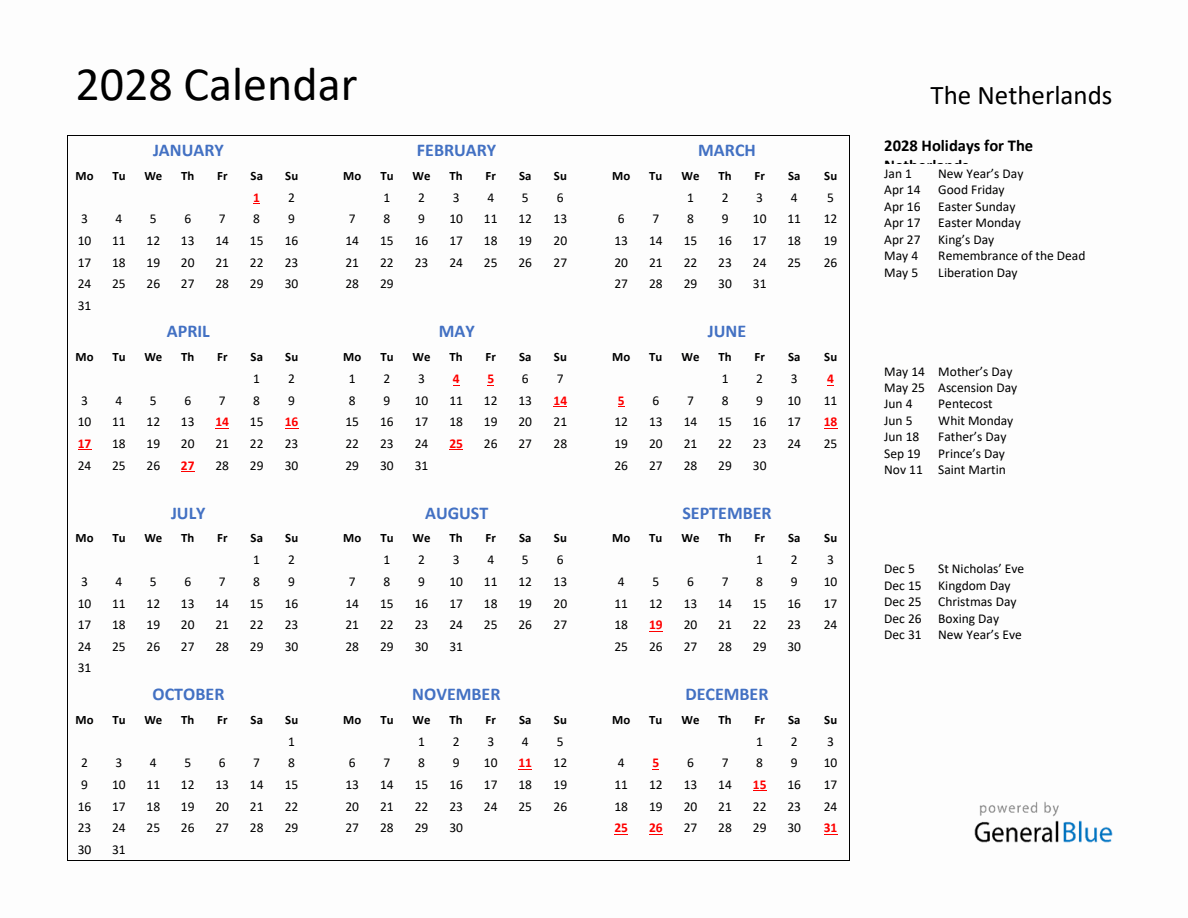 2028 Calendar with Holidays for The Netherlands - Monday Start