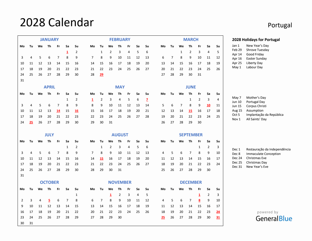 2028 Calendar with Holidays for Portugal