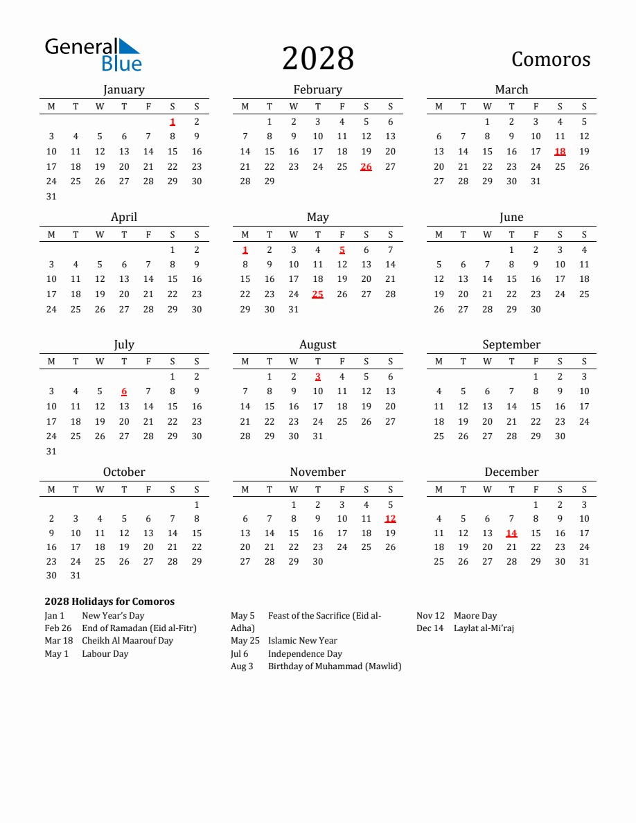 Free Comoros Holidays Calendar for Year 2028 - Monday Start