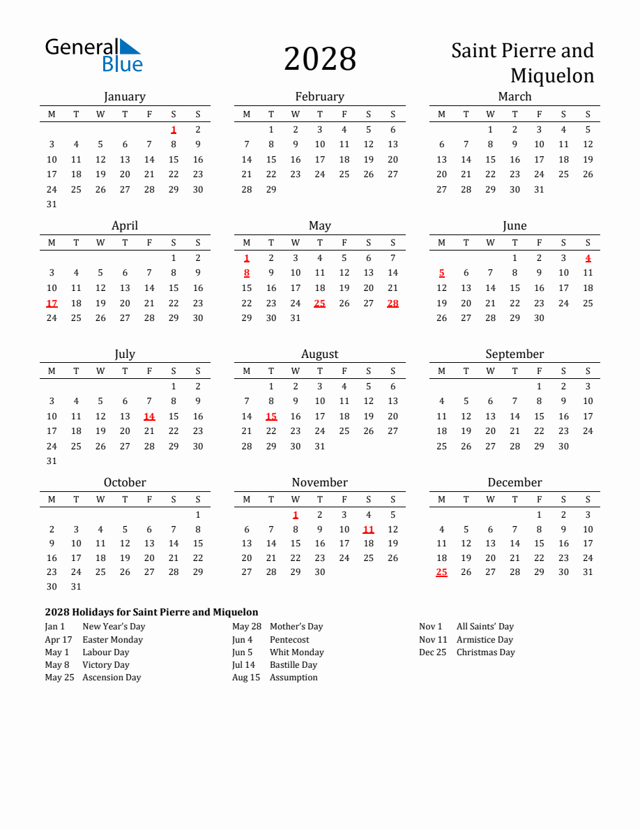 Free Saint Pierre and Miquelon Holidays Calendar for Year 2028 - Monday ...
