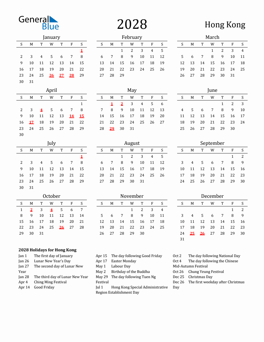 Free Hong Kong Holidays Calendar for Year 2028