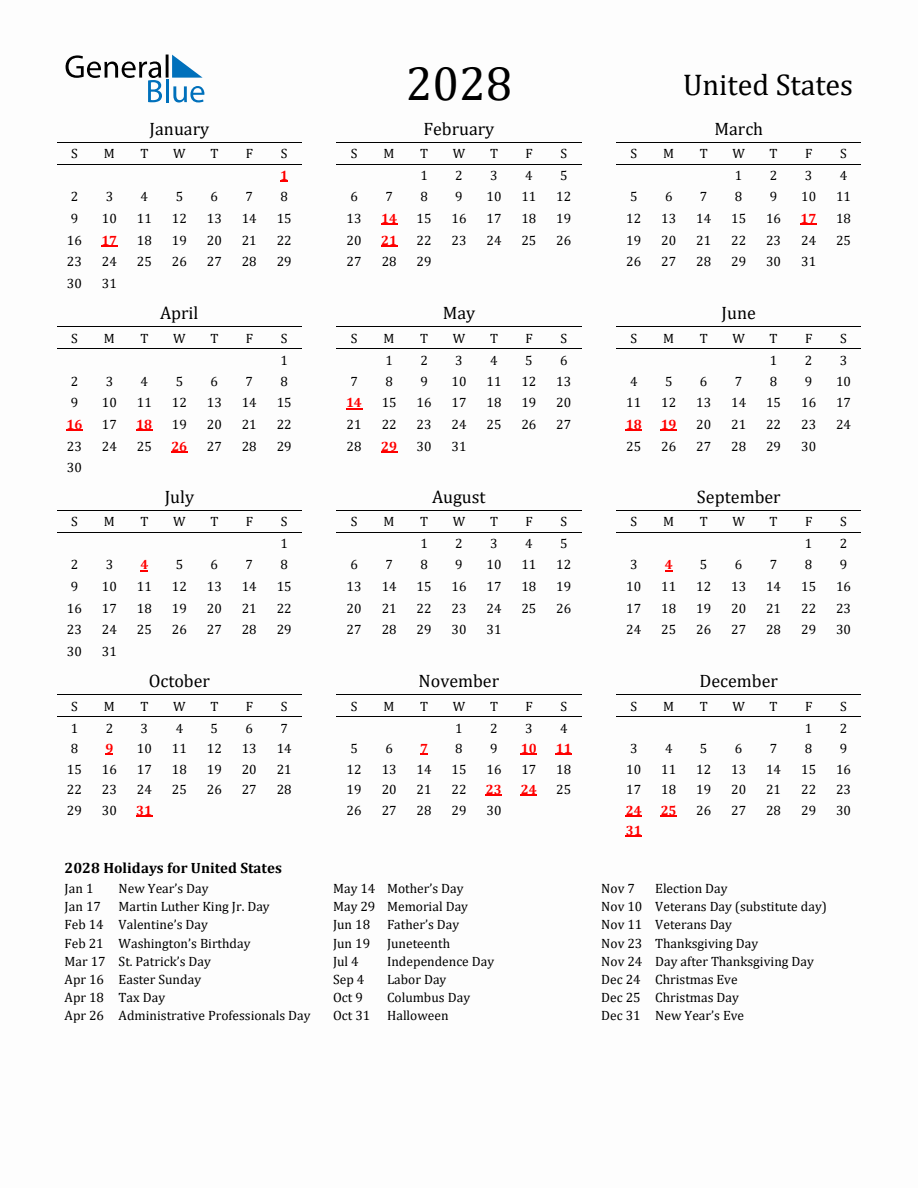 Free United States Holidays Calendar for Year 2028