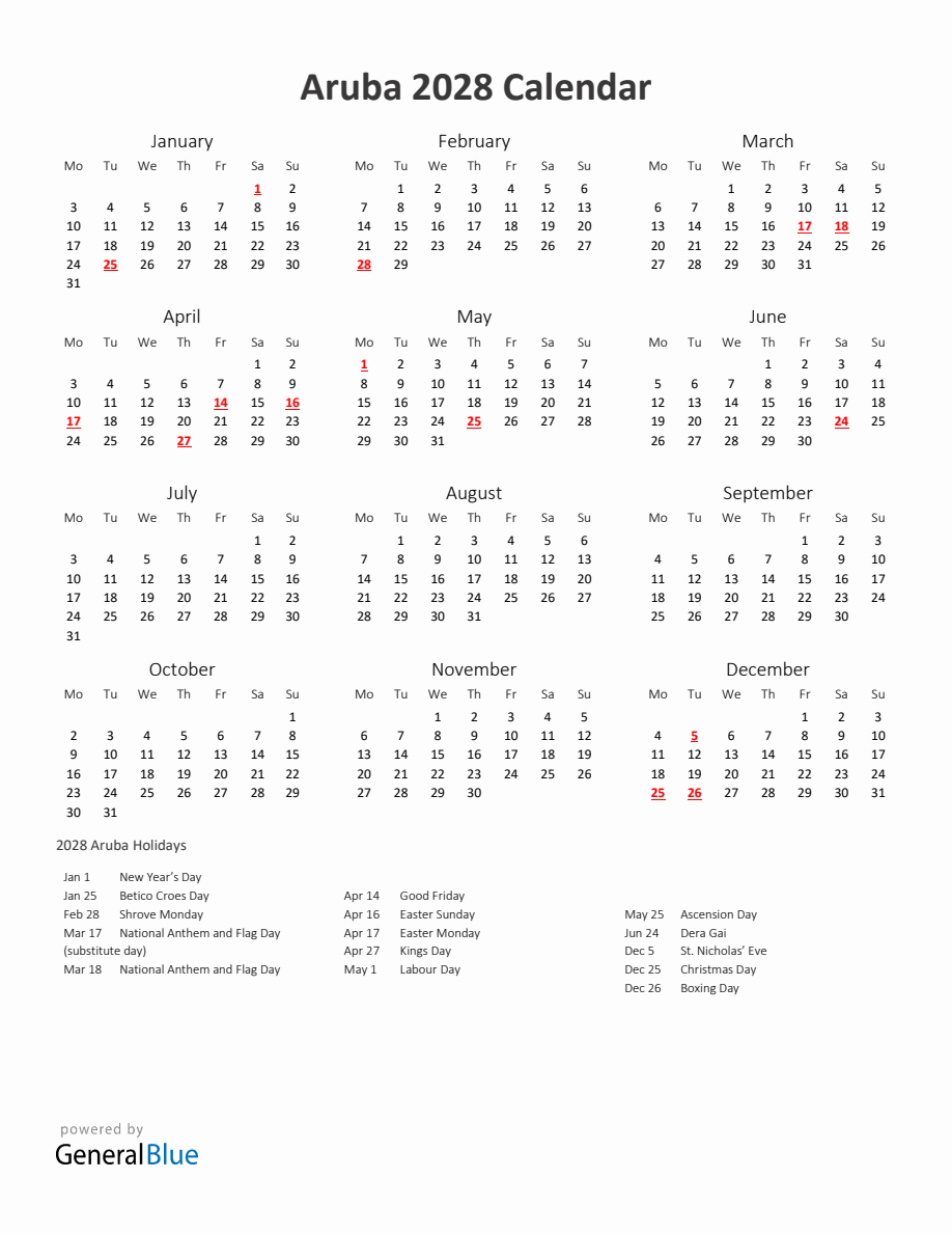 2028 Yearly Calendar Printable With Aruba Holidays - Monday Start