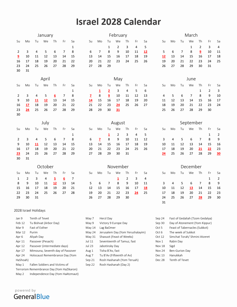 2028 Yearly Calendar Printable With Israel Holidays