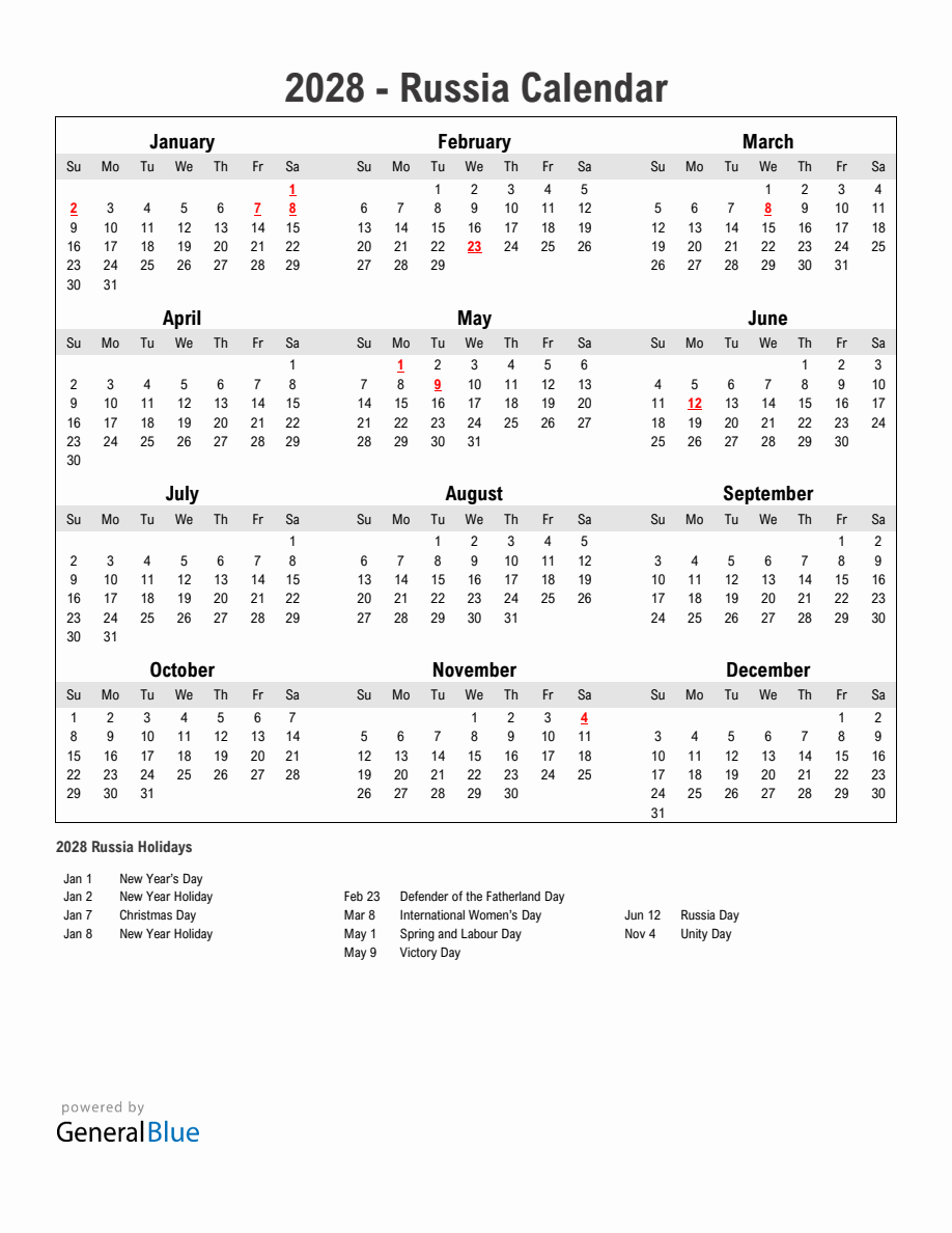 Year 2028 Simple Calendar With Holidays in Russia