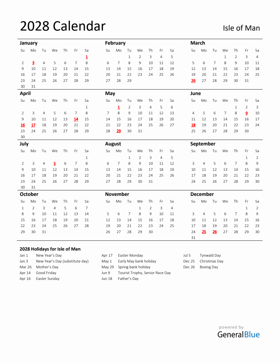 Standard Holiday Calendar for 2028 with Isle of Man Holidays