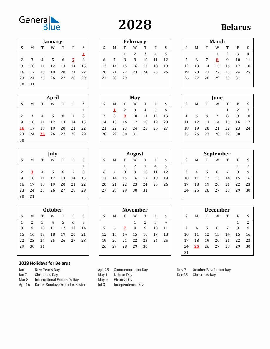 Free Printable 2028 Belarus Holiday Calendar