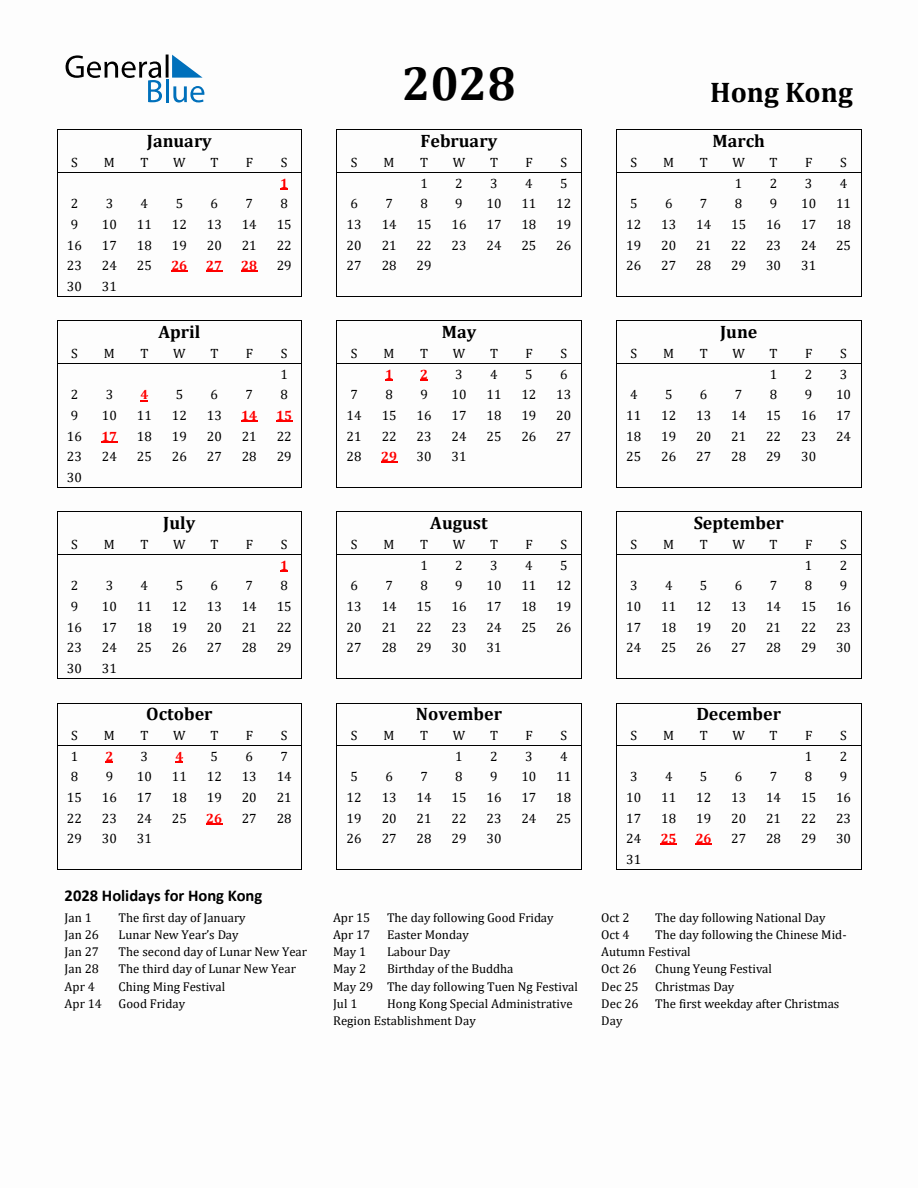 Free Printable 2028 Hong Kong Holiday Calendar