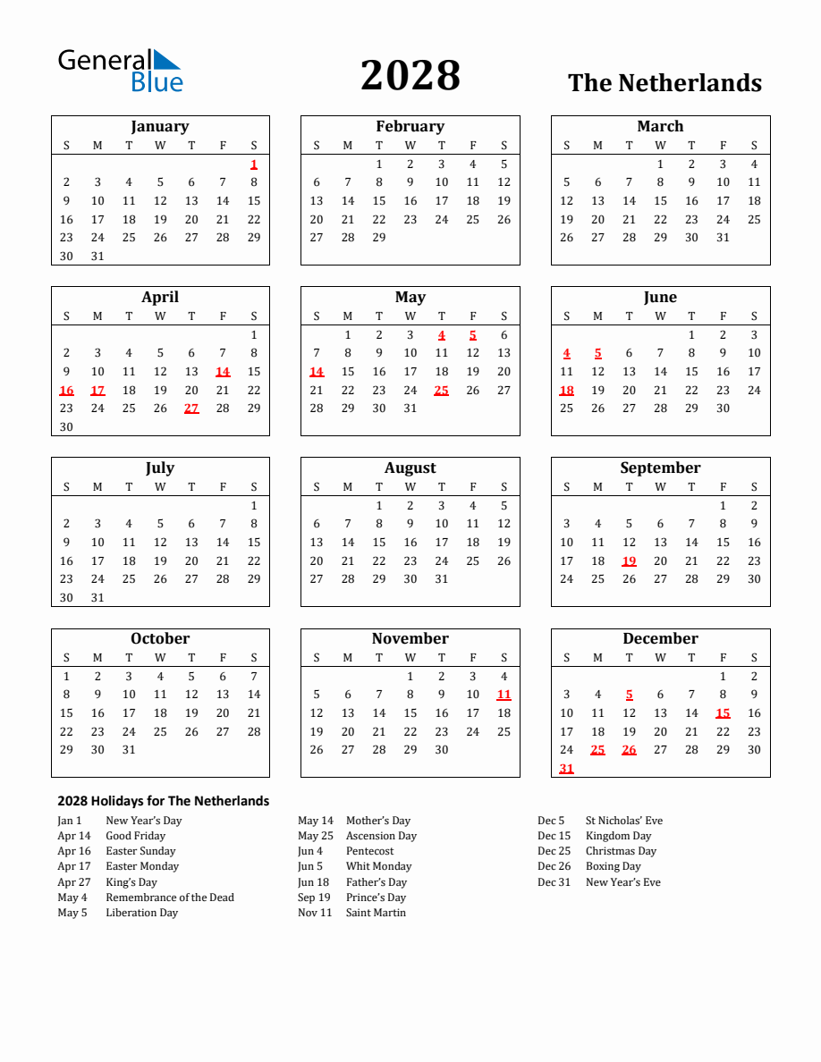 Free Printable 2028 The Netherlands Holiday Calendar