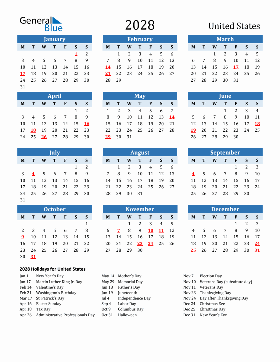 2028 Printable Calendar with United States Holidays - Monday Start
