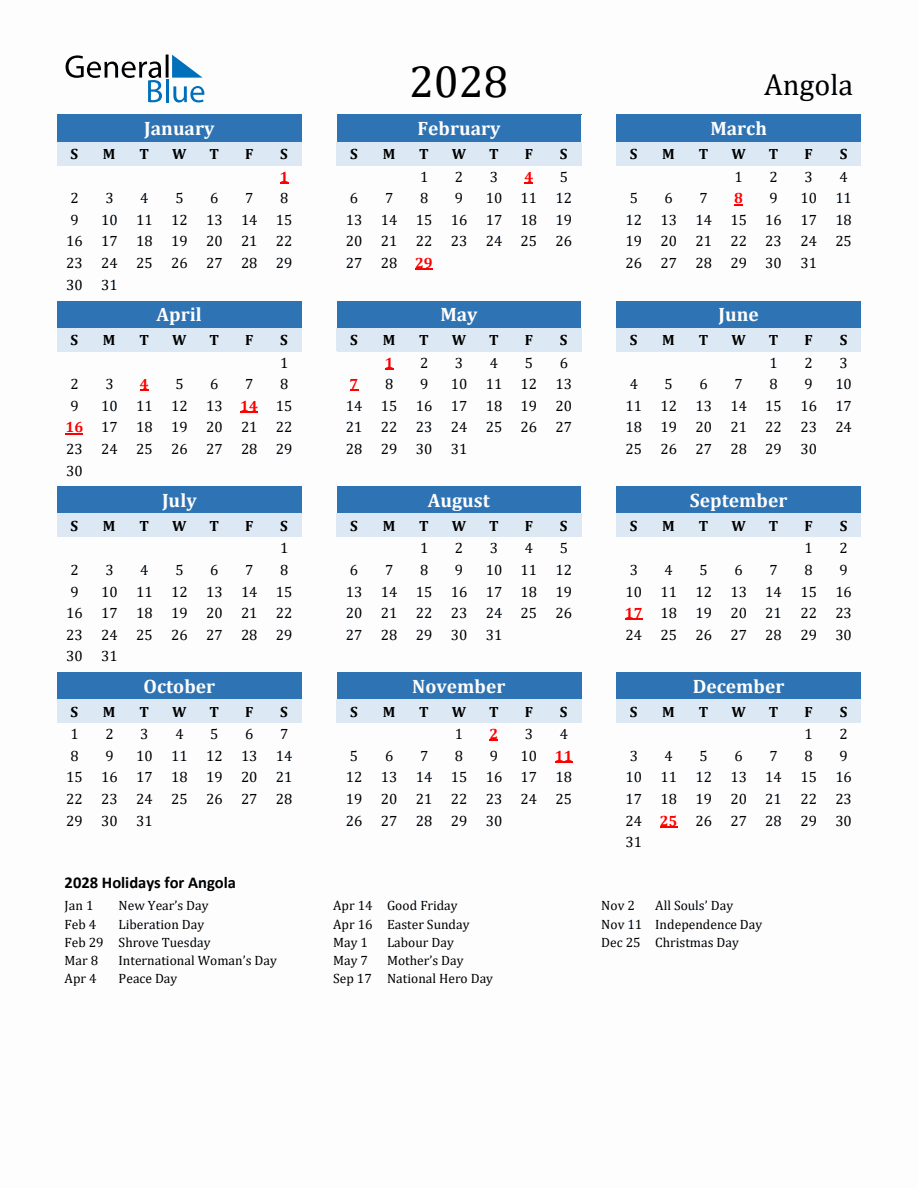 2028 Printable Calendar with Angola Holidays