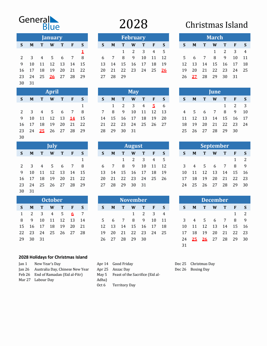 2028 Printable Calendar with Christmas Island Holidays