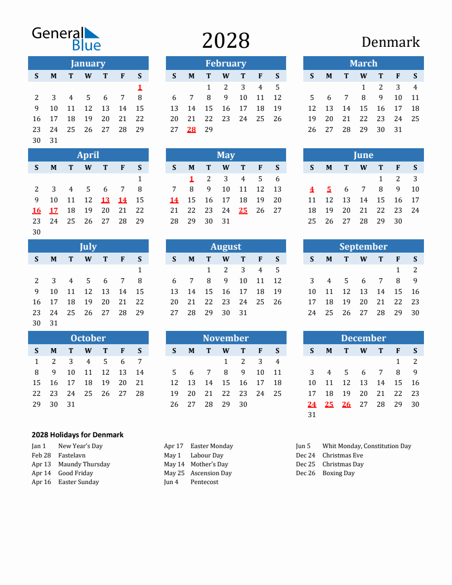 2028 Printable Calendar with Denmark Holidays